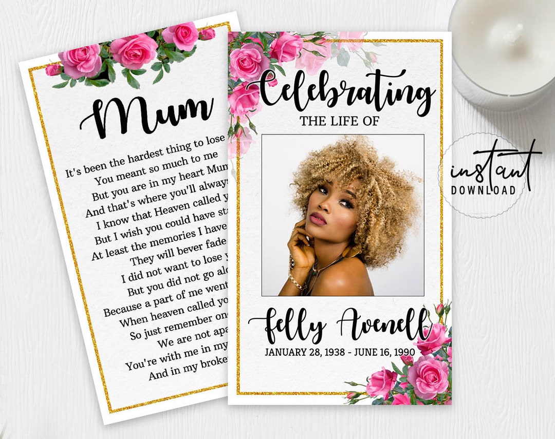 Funeral Prayer Card, Prayer Cards for Funeral, Pink Rose Funeral ...