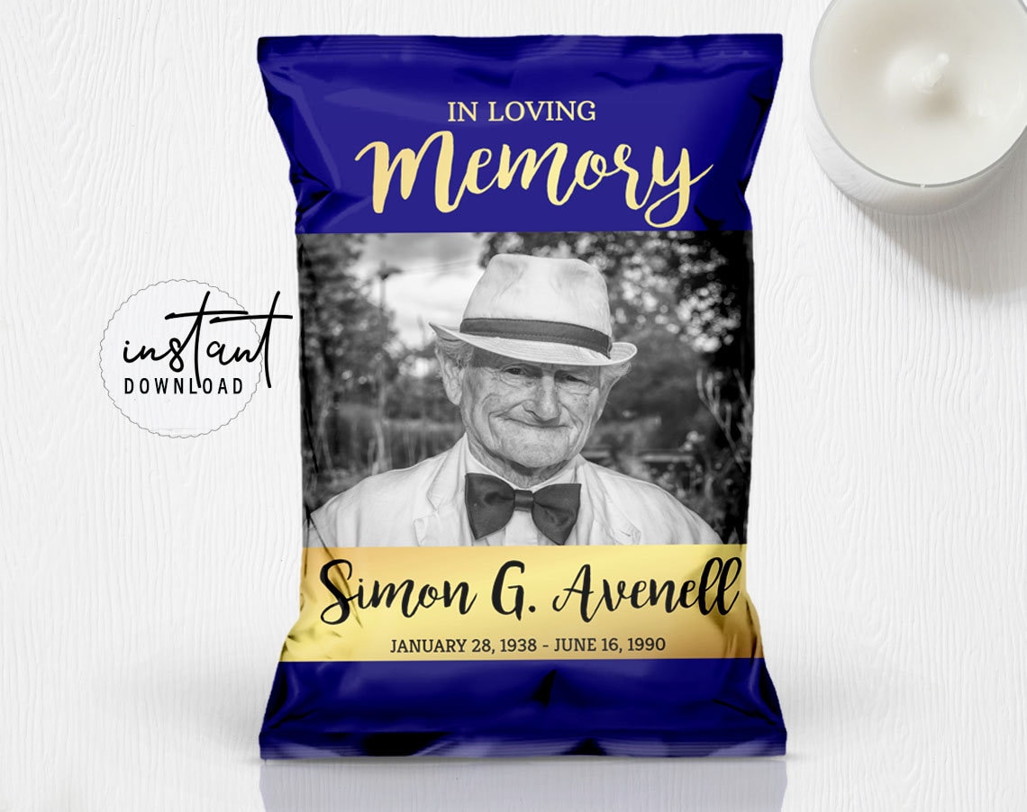 Funeral Chip Bag Label, Memorial Chip Bag, Blue and Gold Theme, Gold ...