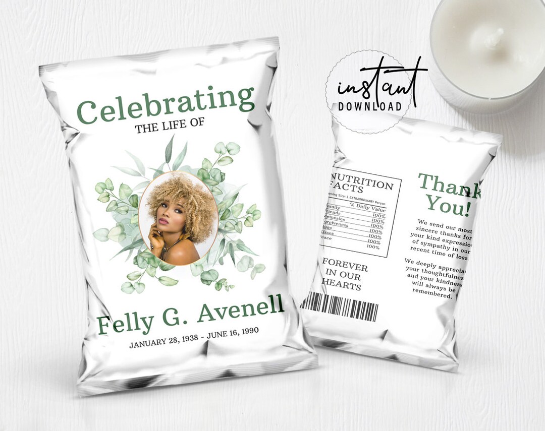Funeral Chip Bag Label, Memorial Chip Bag, Green Leaves Funeral Theme ...