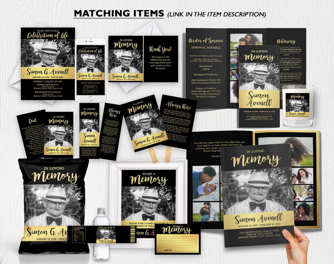 Funeral Chip Bag Label, Memorial Chip Bag, Black and Gold Theme, Gold ...