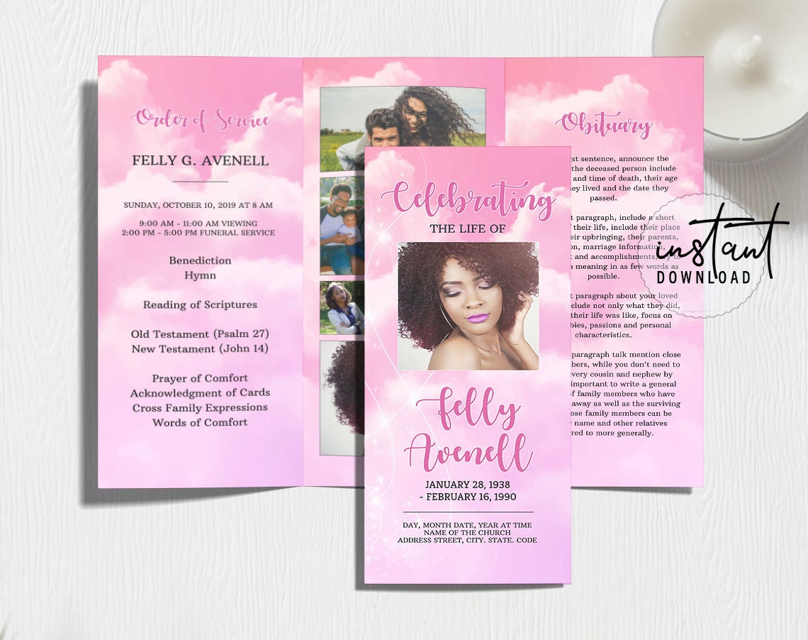 Trifold Funeral Program Template Tri-fold Brochure Pink - Etsy