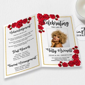 8 Page Funeral Program Template, Editable Funeral Program, Red Rose Funeral Program, Obituary ...
