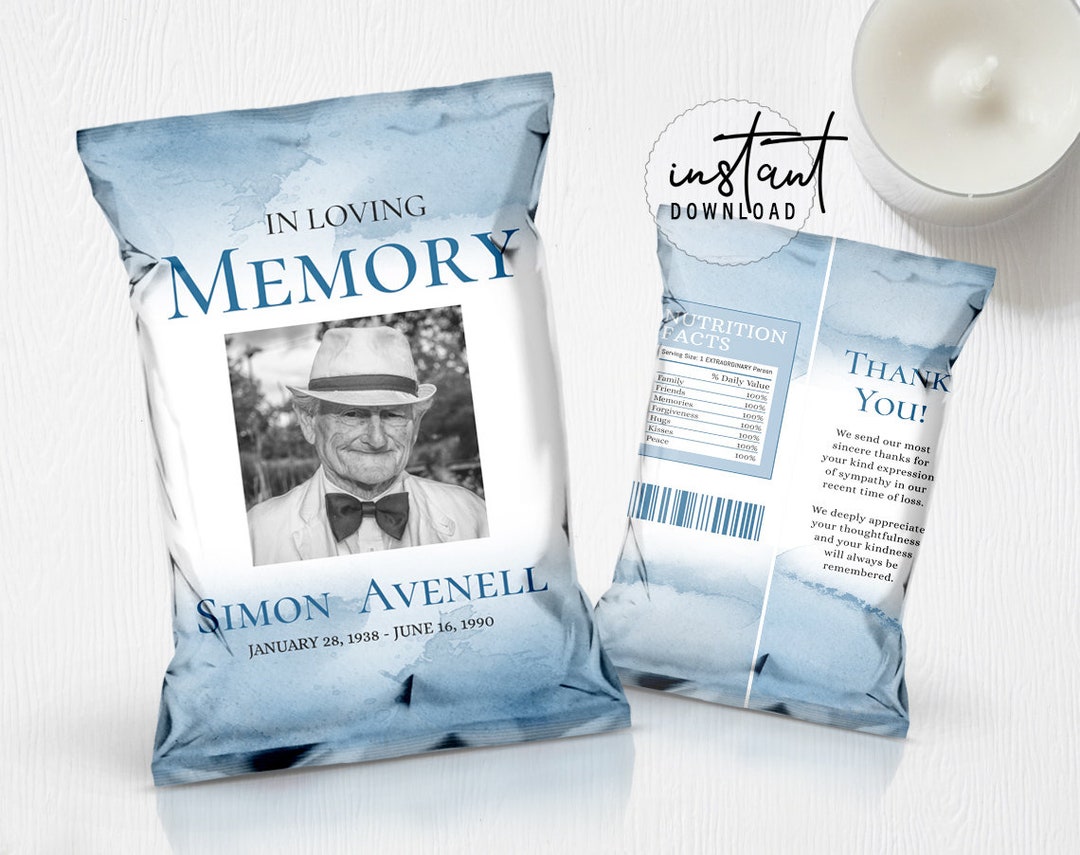 Funeral Chip Bag Label, Memorial Chip Bag, Blue Watercolor Theme, Blue ...