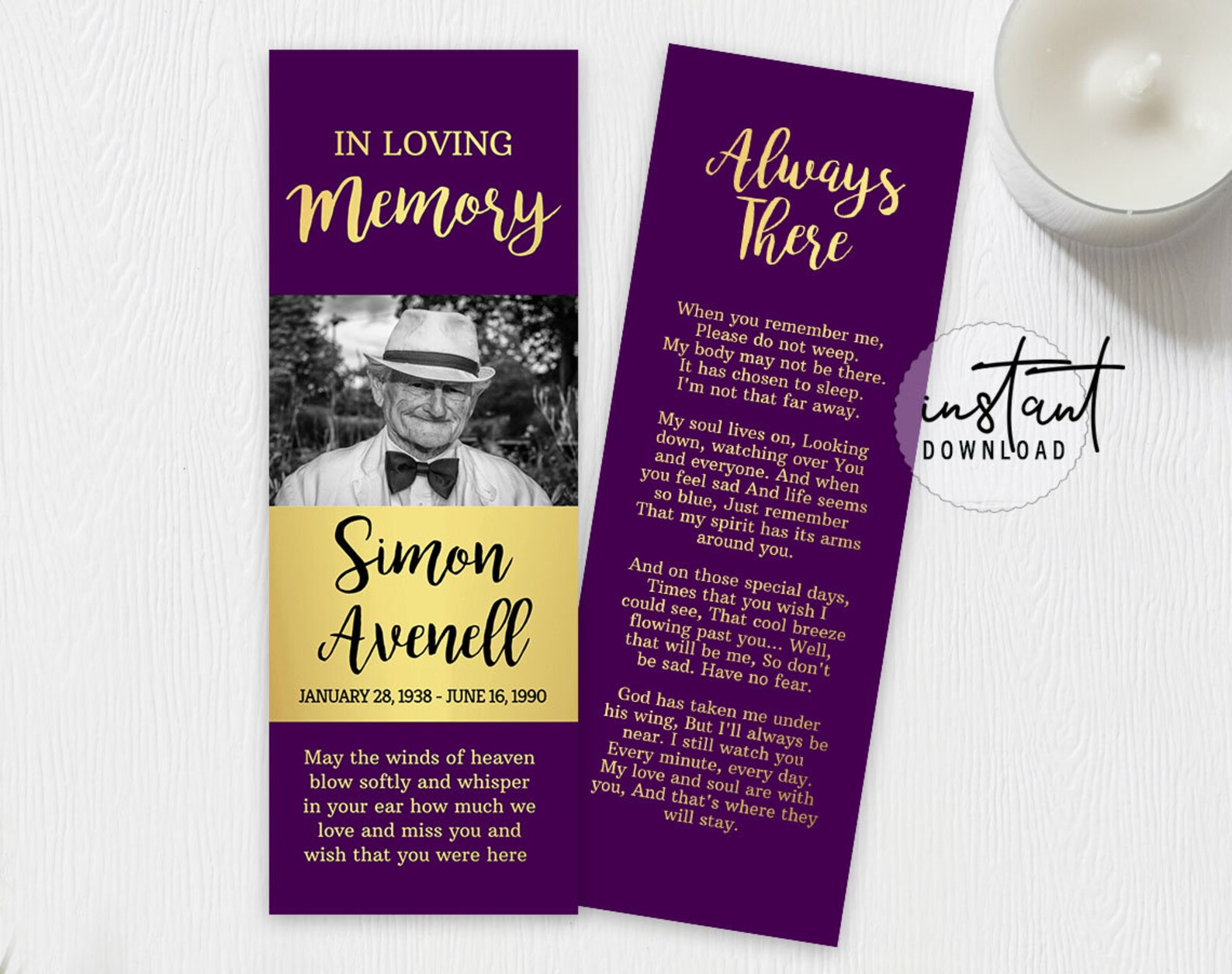 Funeral Bookmark Template Funeral Keepsake Cards Purple and - Etsy