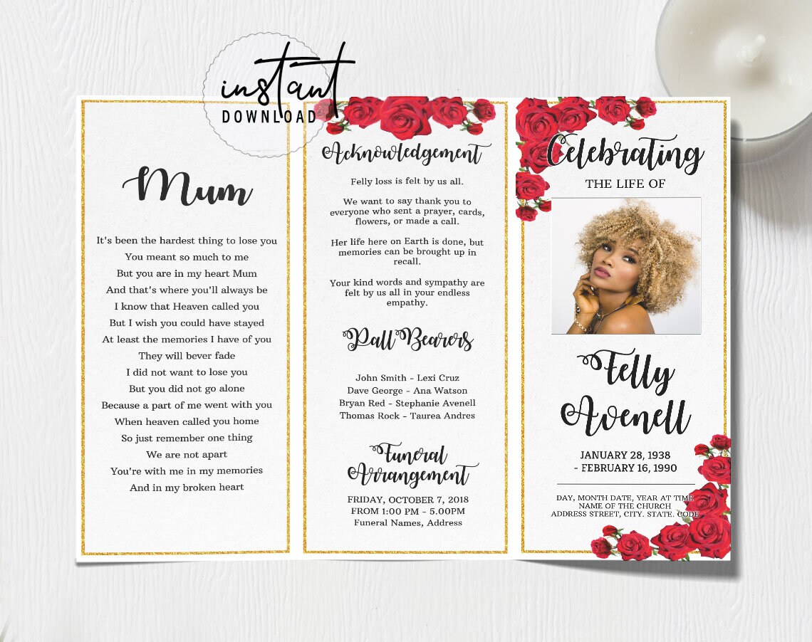 Trifold Funeral Program Template, Tri-fold Brochure, Red Rose Funeral ...