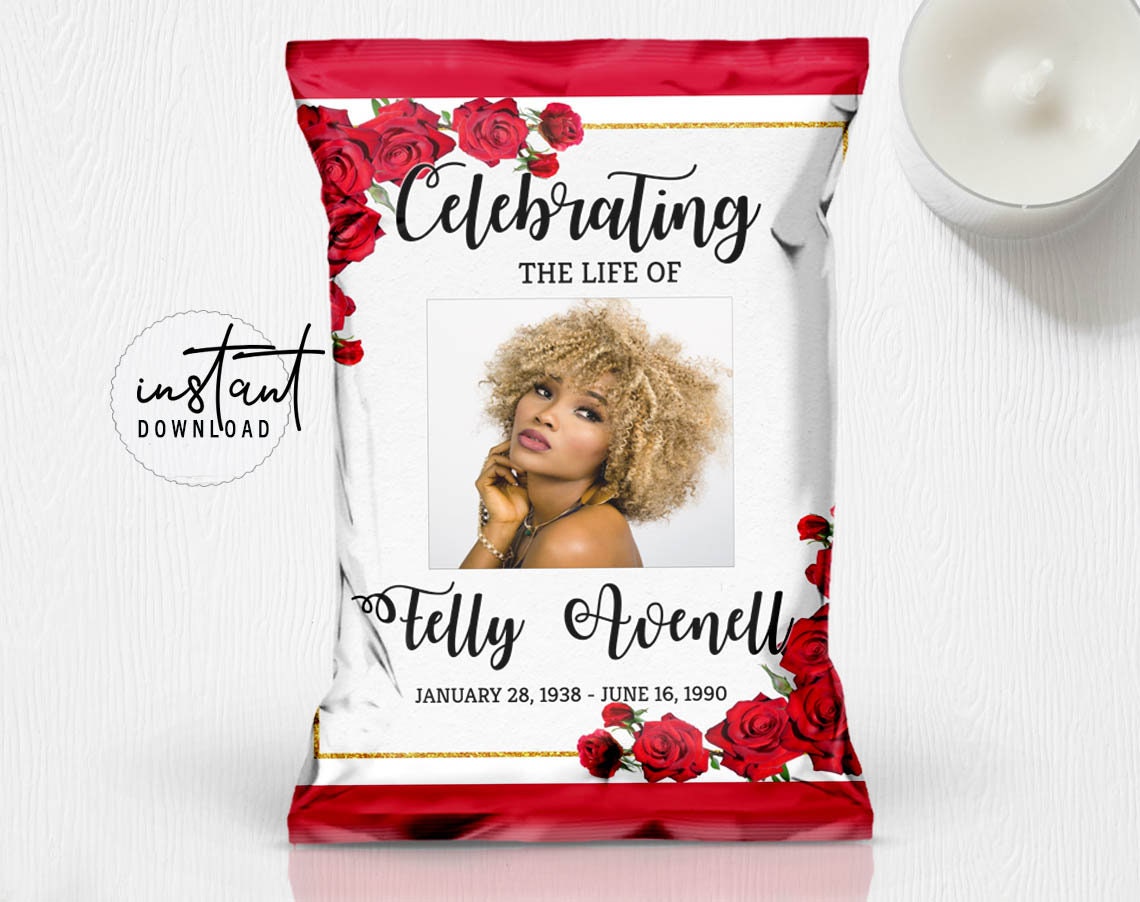 Funeral Chip Bag Label, Memorial Chip Bag, Red Rose Funeral Program ...