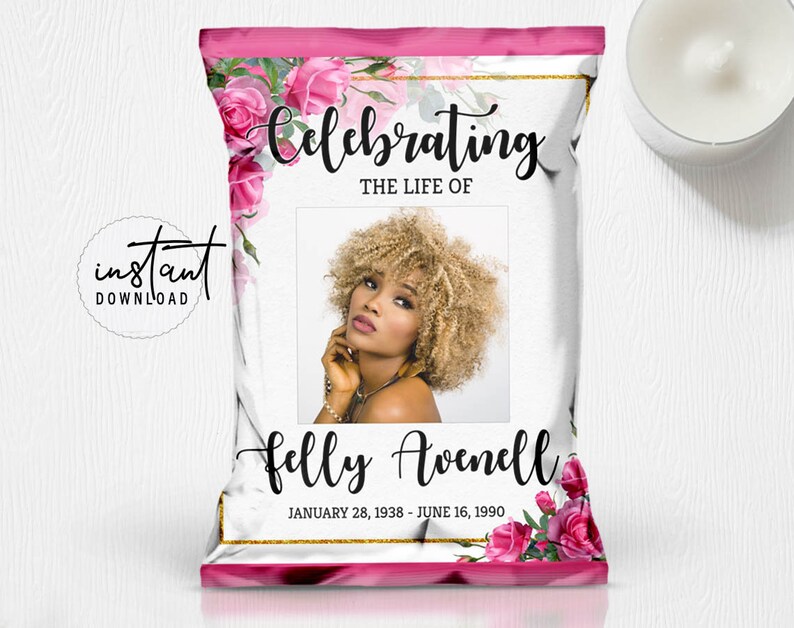 Funeral Chip Bag Label, Memorial Chip Bag, Pink Rose Funeral Program ...