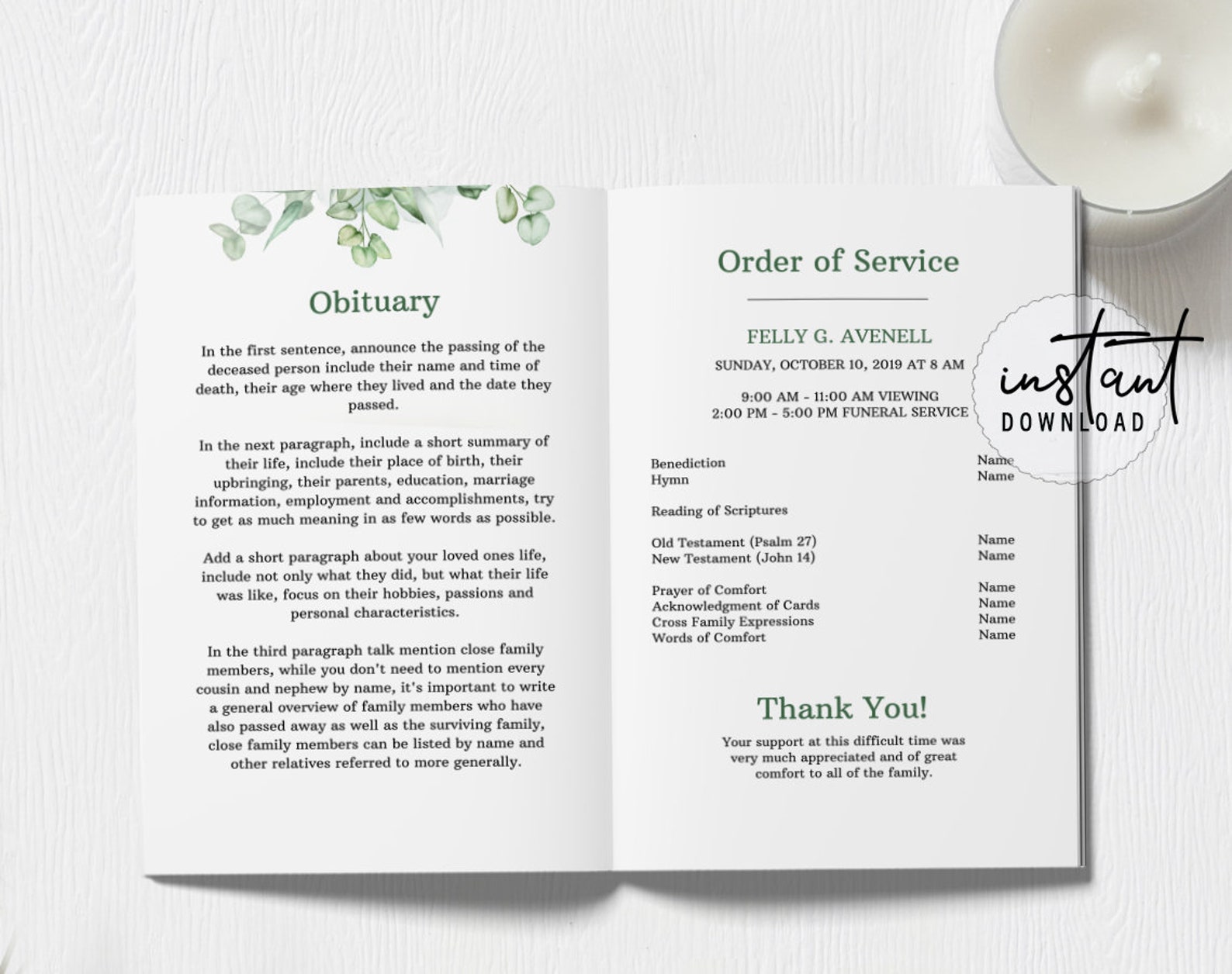 4 Page Funeral Program Template, Editable Funeral Program, Green Leaves ...
