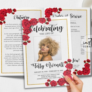 4 Page Funeral Program Template, Editable Funeral Program, Red Rose ...