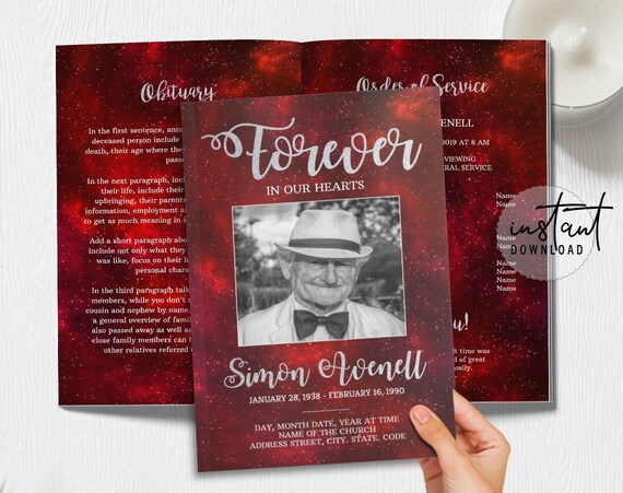 4 Page Funeral Program Template Editable Funeral Program Red - Etsy