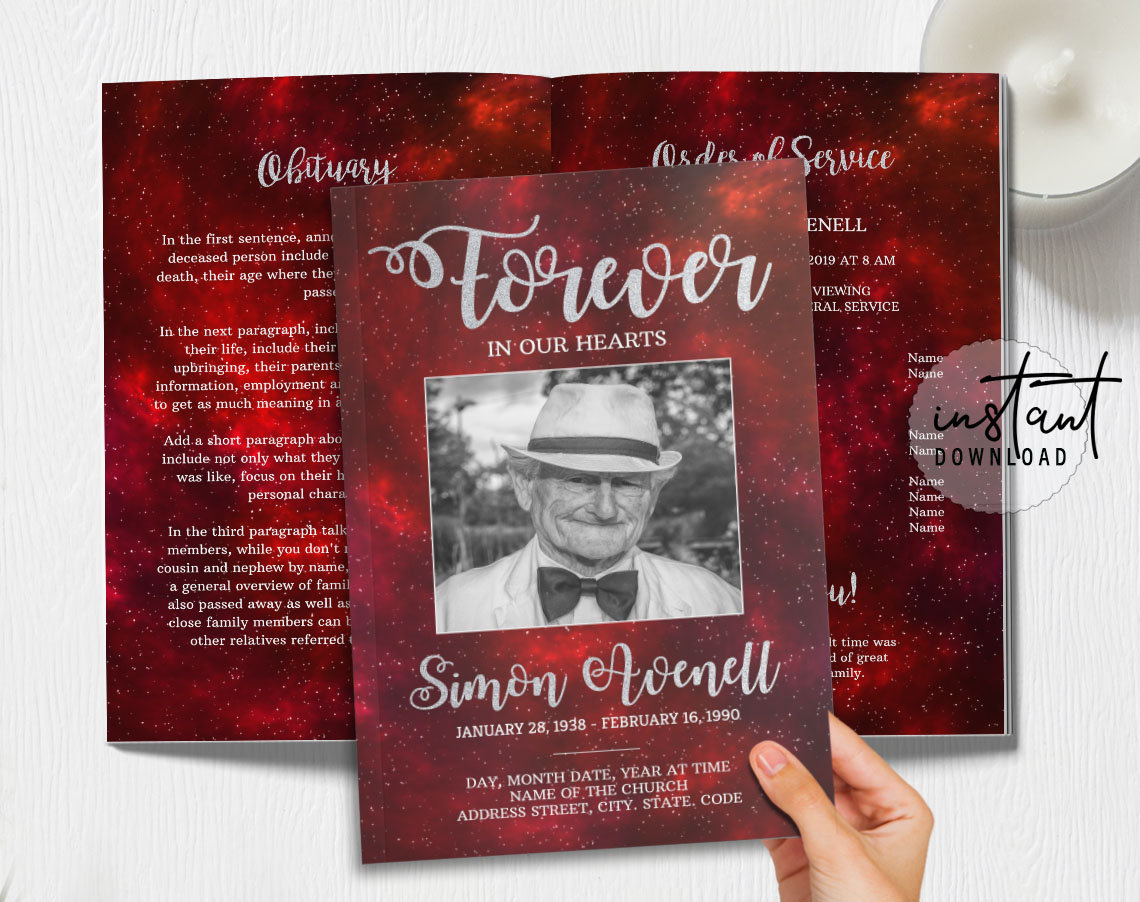 4 Page Funeral Program Template Editable Funeral Program Red - Etsy