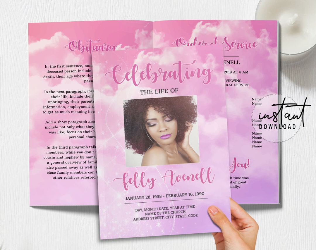 4 Page Funeral Program Template, Editable Funeral Program, Pink Clouds Theme, Obituary Program ...