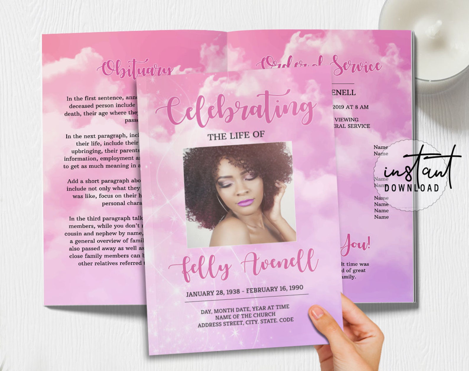 4 Page Funeral Program Template, Editable Funeral Program, Pink Clouds ...