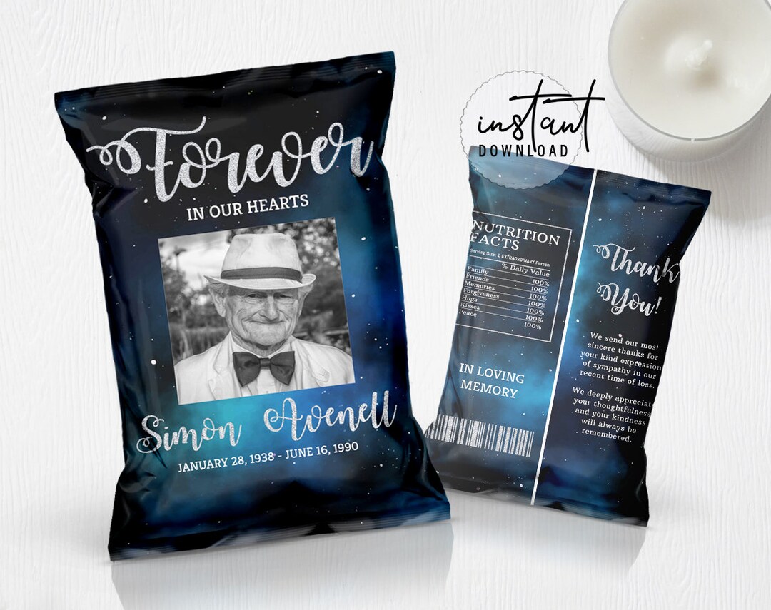 Funeral Chip Bag Label, Memorial Chip Bag, Blue Galaxy Theme, Blue ...