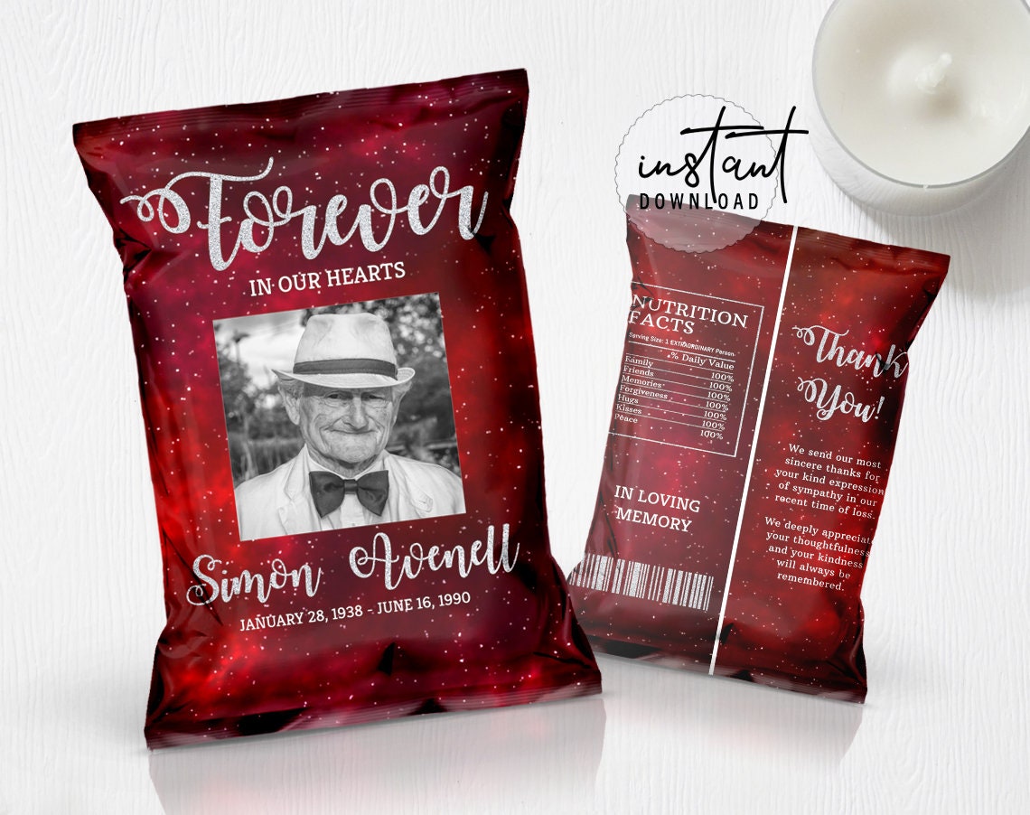 Funeral Chip Bag Label, Memorial Chip Bag, Red Galaxy Theme, Red Galaxy ...