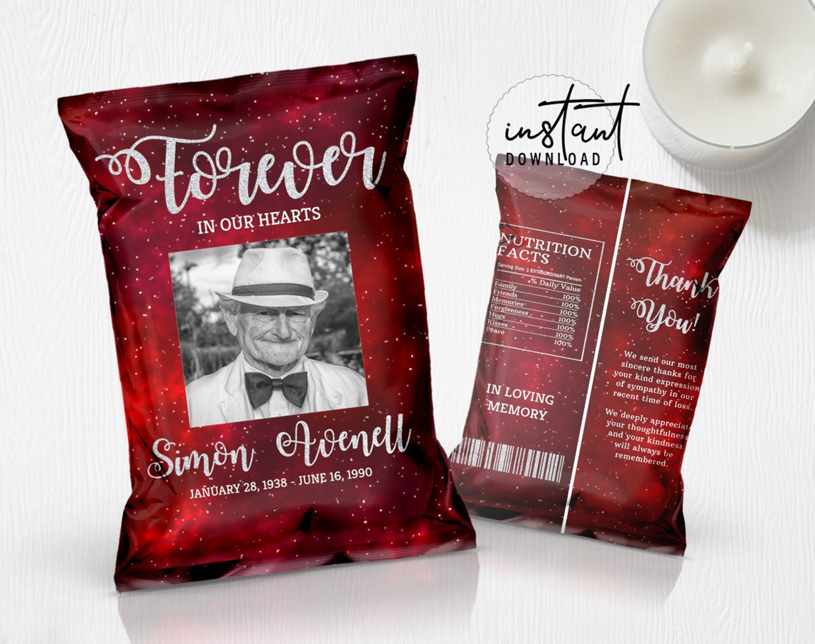 Funeral Chip Bag Label, Memorial Chip Bag, Red Galaxy Theme, Red Galaxy ...
