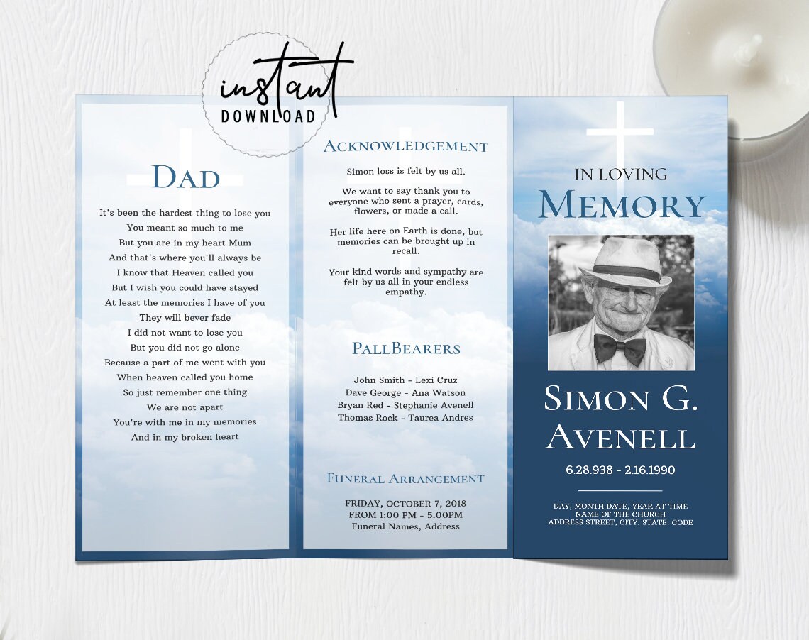 Trifold Funeral Program Template, Tri-fold Brochure, Blue Sky Cross Theme, Clouds Memorial ...