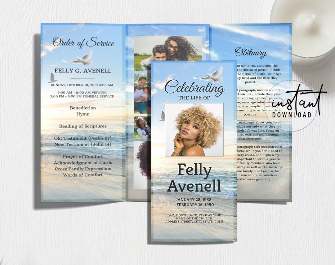 Trifold Funeral Program Template, Tri-fold Brochure, Ocean Theme ...