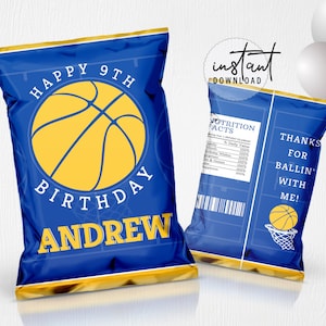 Basketball Chip Bag Label, Chip Bags Party Favor, Blue and Yellow ...