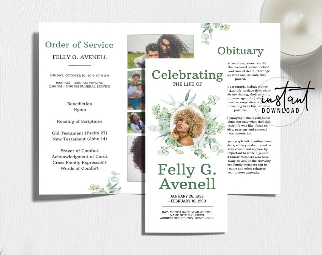 Trifold Funeral Program Template, Tri-fold Brochure, Green Leaves ...