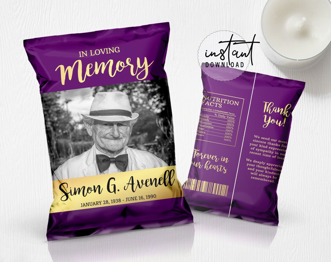 Funeral Chip Bag Label, Memorial Chip Bag, Purple and Gold Theme, Gold ...