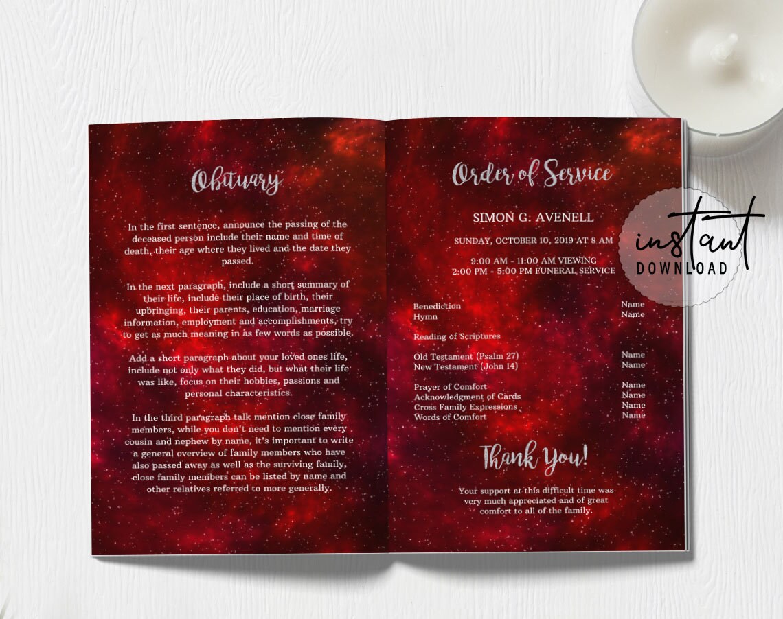 4 Page Funeral Program Template Editable Funeral Program Red - Etsy