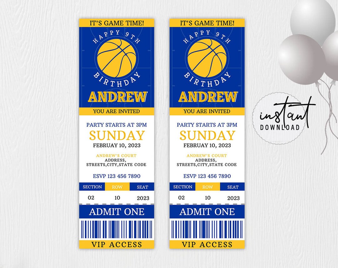 Basketball Ticket Birthday Invitation, Basketball Invitation, Blue ...