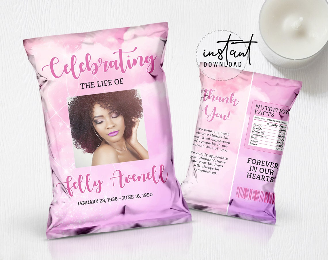 Funeral Chip Bag Label, Memorial Chip Bag, Pink Clouds Theme, Pink ...