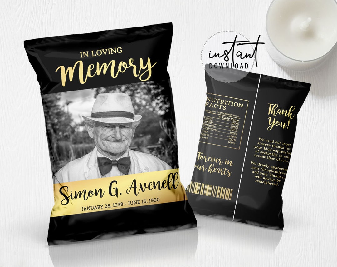 Funeral Chip Bag Label, Memorial Chip Bag, Black and Gold Theme, Gold ...