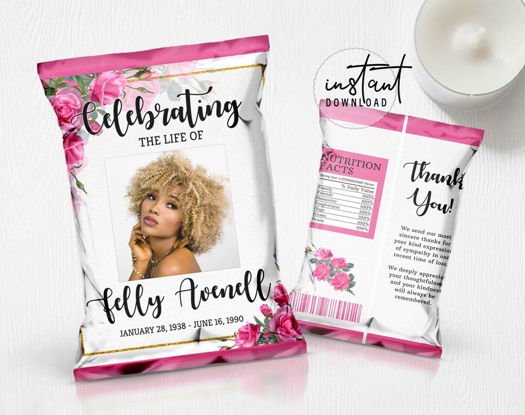 Funeral Chip Bag Label, Memorial Chip Bag, Pink Rose Funeral Program ...