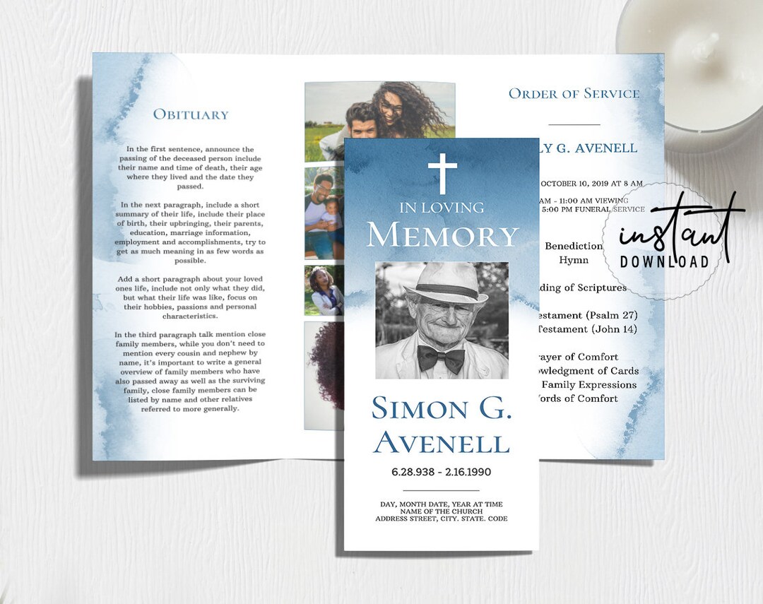Trifold Funeral Program Template, Tri-fold Brochure, Blue Watercolor ...