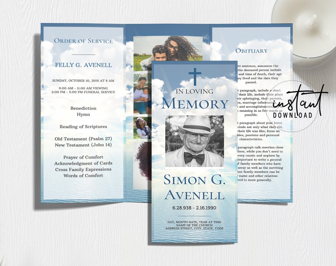 Trifold Funeral Program Template, Tri-fold Brochure, Blue Sky Water Theme, Clouds Memorial ...
