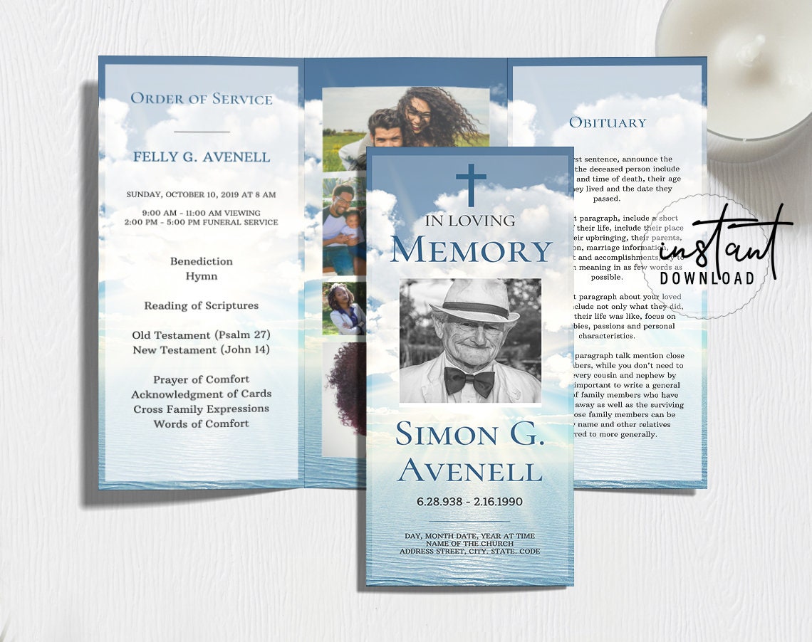Trifold Funeral Program Template, Tri-fold Brochure, Blue Sky Water ...