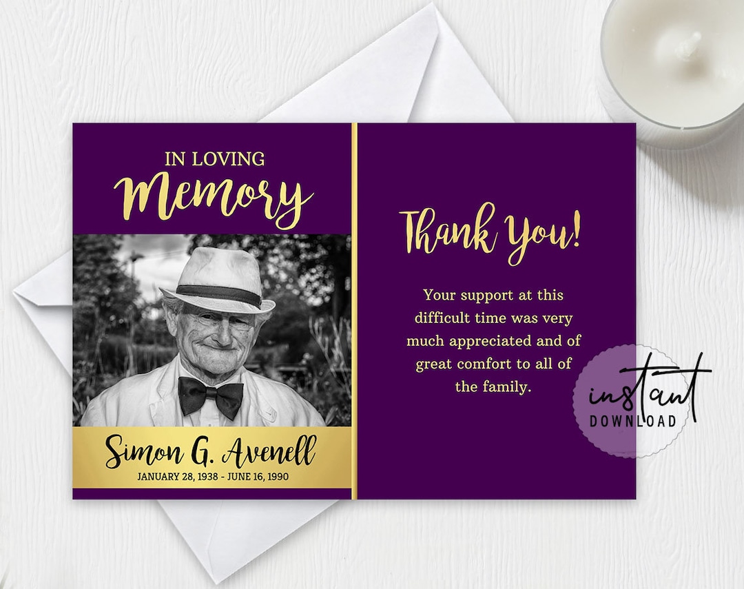 Funeral Thank You Cards, Memorial Thank You Cards, Purple and Gold ...