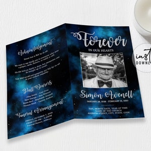 8 Page Funeral Program Template, Editable Funeral Program, Blue Galaxy ...