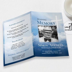 4 Page Funeral Program Template, Editable Funeral Program, Blue Sky ...