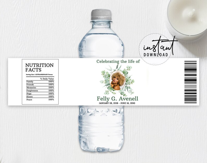 Funeral Water Bottle Label, Memorial Water Bottle, Green Leaves Funeral ...