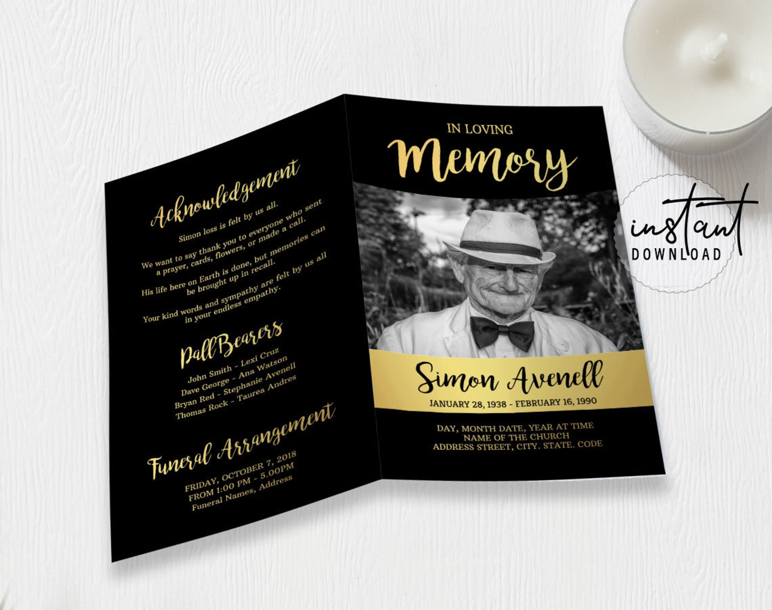 4 Page Funeral Program Template, Editable Funeral Program, Black and ...