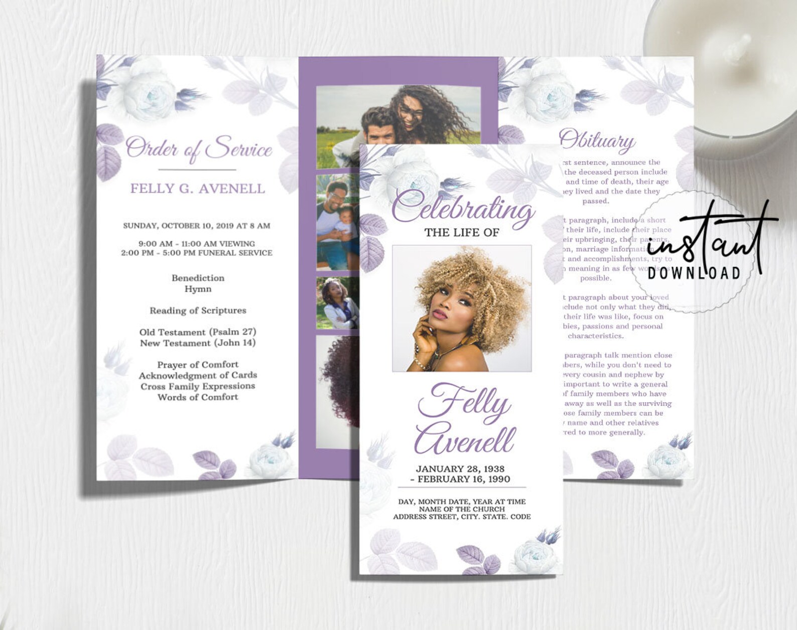 Trifold Funeral Program Template Tri-fold Brochure Purple - Etsy