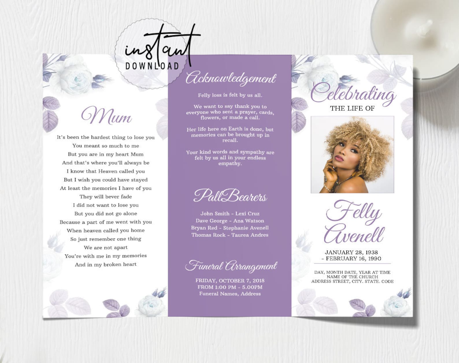 Trifold Funeral Program Template Tri-fold Brochure Purple - Etsy