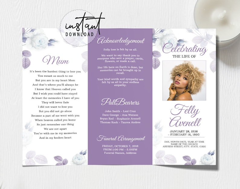 Trifold Funeral Program Template Tri-fold Brochure Purple - Etsy