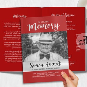 4 Page Funeral Program Template, Editable Funeral Program, Obituary Program, Red and Silver ...