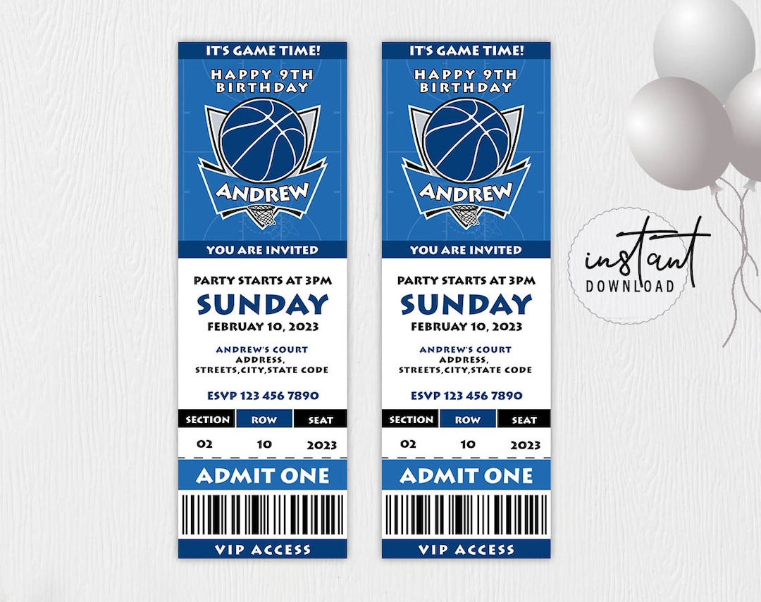 Basketball Ticket Birthday Invitation, Basketball Invitation, Blue ...