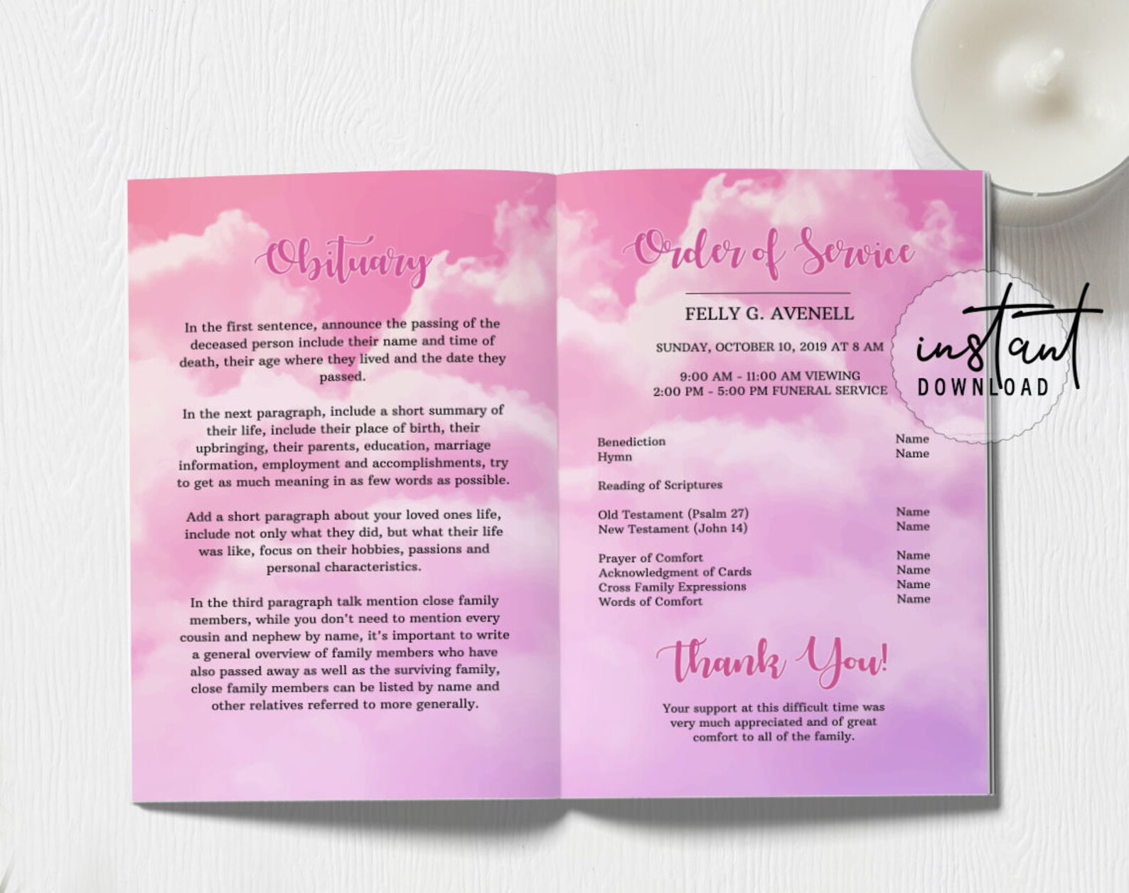 4 Page Funeral Program Template, Editable Funeral Program, Pink Clouds ...
