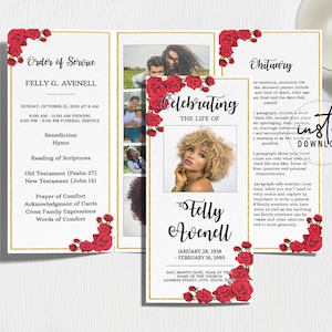 Trifold Funeral Program Template, Tri-fold Brochure, Red Rose Funeral ...