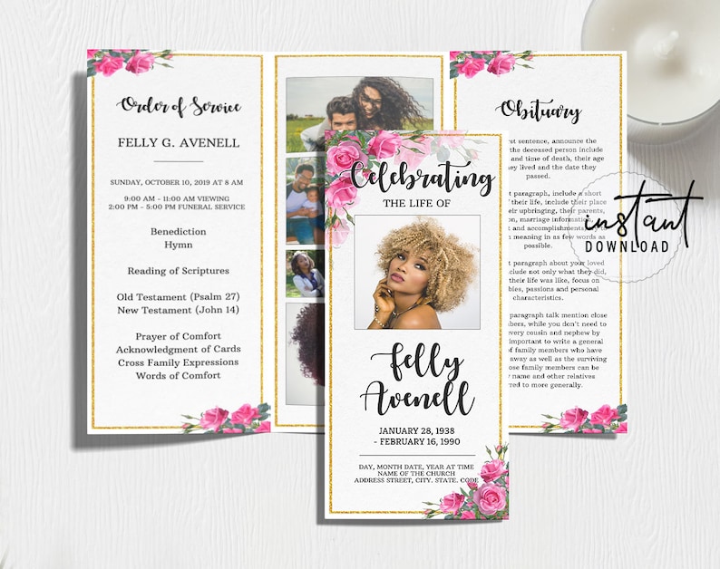 Trifold Funeral Program Template Tri-fold Brochure Pink Rose - Etsy