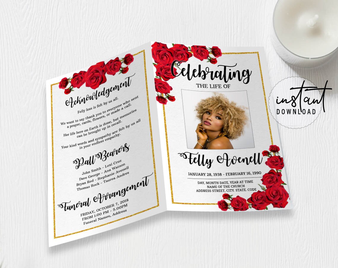 4 Page Funeral Program Template Editable Funeral Program Red - Etsy