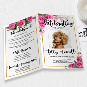 4 Page Funeral Program Template, Editable Funeral Program, Pink Rose ...