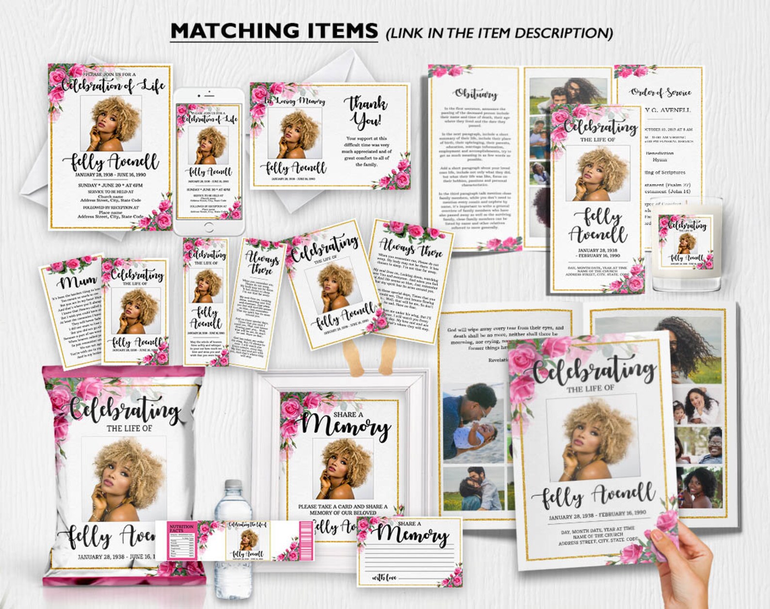 4 Page Funeral Program Template, Editable Funeral Program, Pink Rose ...