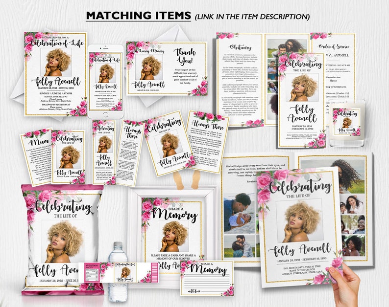 4 Page Funeral Program Template, Editable Funeral Program, Pink Rose ...